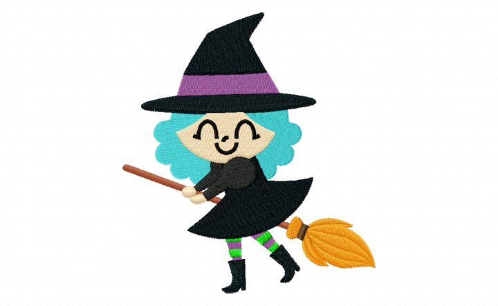 Cute Witch On Broom Stitched Embroidery Design – Daily Embroidery